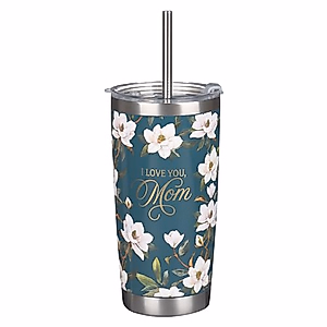 Christian Art Gifts Large Stainless Steel Double Wall Vacuum Insulated Travel Tumbler for Mothers: Love You, Mom, Inspiring Scripture, Hot/Cold, Flip Top Lid, Resusable Straw, Dark Teal Floral, 18 oz.
