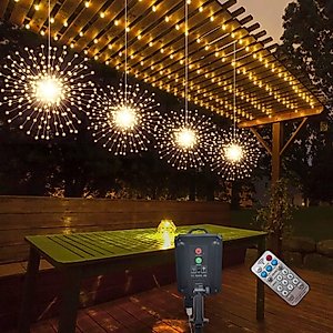 PXBNIUYA 4 Pack 800 Led Solar Starburst Sphere Lights,Firework Lights Remote Control Timer 8 Modes Dimmable Waterproof Hanging Fairy Light, Sparkly Lights for Patio Party Tent Christmas (Warm White)