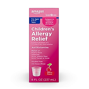 Amazon Basic Care Children's Allergy Relief Liquid, Kids Allergy Medicine with Diphenhydramine HCl, Antihistamine, Cherry Flavor, for Children Ages 6-11 Years, 8 Fl Oz (Pack of 1)