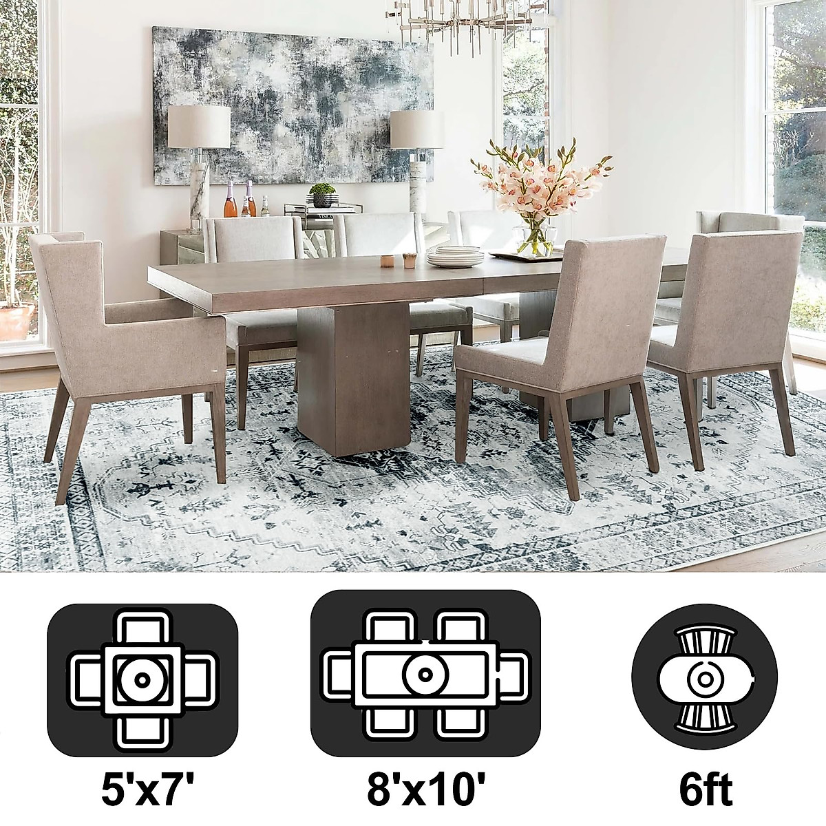 BESTSWEETIE Area Rug 8x10 Rugs for Living Room 8 x 10 Washable Rugs Non Slip Vintage Boho Living Room Rugs for Bedroom Dining Room, Distressed Pattern Carpet, Gray Black