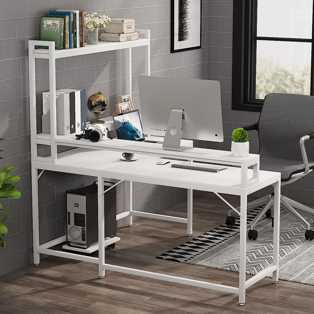 Tribesigns L Shaped Desk with Hutch and Monitor Stand, Corner Computer Desk Home Office Desk with Storage Shelf, Gaming Table Workstation,CPU Stand Included, (White&White)