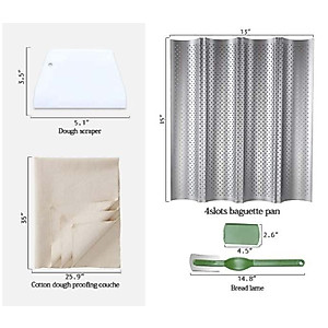 Perforated French Baguette Pan for Baking 15"x13" - 4 Wave Loaves Bread Baking Pan Set with Proofing Cloth, Bread Lame Cutter and Dough Scraper - Nonstick Baguette Bread Making Tools and Supplies