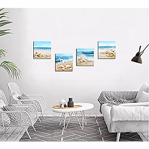 Beach Waves Wall Art Ocean Decor Sands Seashell Starfish Nature Pictures Blue Canvas Artwork Turquoise Wall Art for Bathroom Bedroom Living Room Office Kitchen Wall Decor 12" x 12" x 4 Pieces