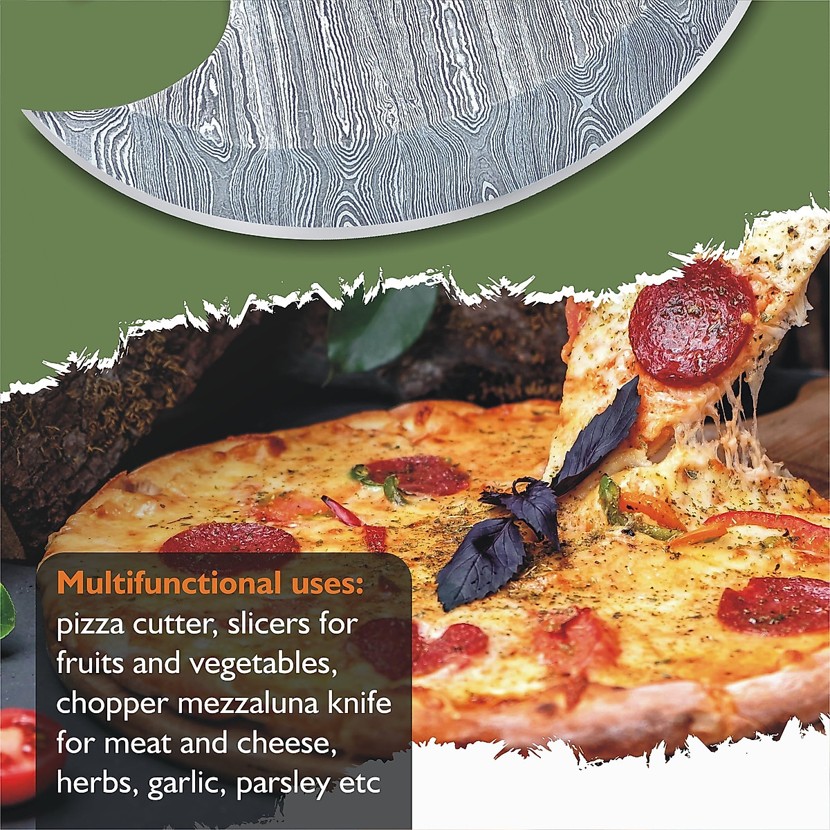 HUNTLUX Damascus Steel Alaskan Ulu Knife With Sheath, 6" Perfect Pizza Cutter Rocker Knife, Mezzaluna Chopper Knife for Kitchen, Authentic Inuit Eskimo Design, Non-Slip Handle