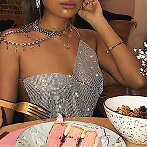 Acenail Sexy Body Chains Silver Crop Tops Bikini Sequins Halter Backless Bra Body Chain Crystal Beach Boho Body Jewelry for Women and Girls
