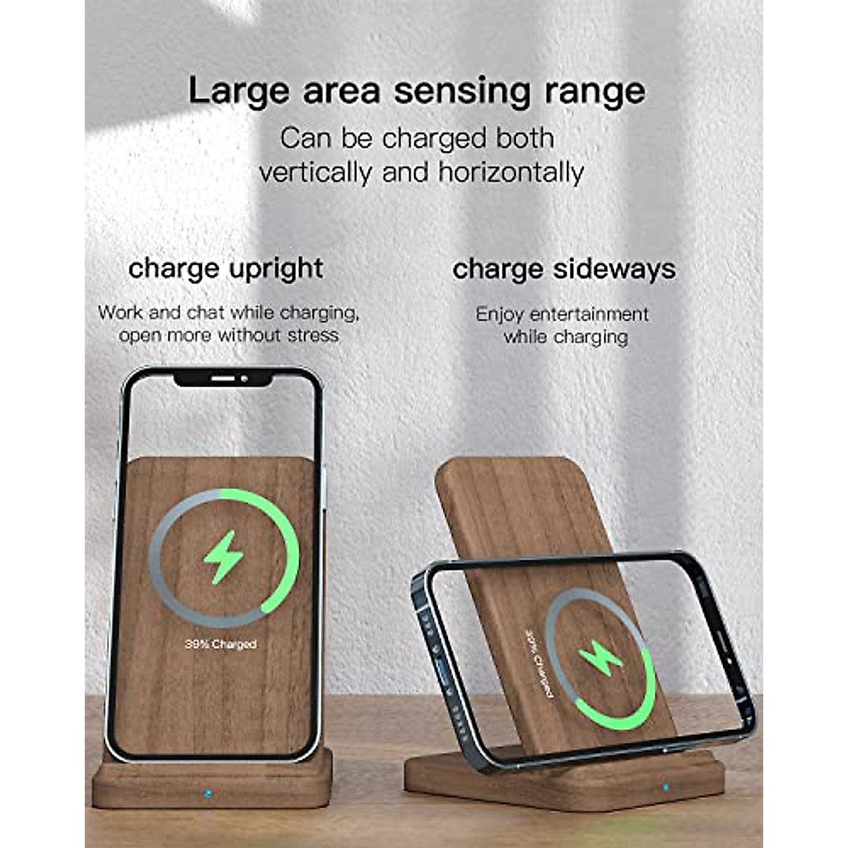 GAMDER Walnut Wood Wireless Charger,15W Max Double Coil Fast Wireless Charging Stand Compatible with iPhone 13/13 Pro Max/12/11/XR/X/8,AirPods Pro,Samsung S22/S21/Note 20 Ultra(No Adapter) (Brown)