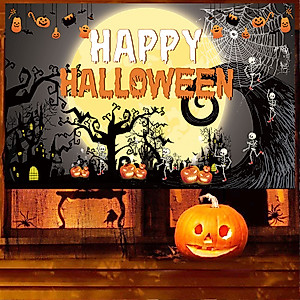Famoby Happy Halloween Theme Fabric Sign Poster Banner Backdrop with Pumpkin,Ghouls, bat,spide,Moon for Halloween Photo Booth Background Party Decoration