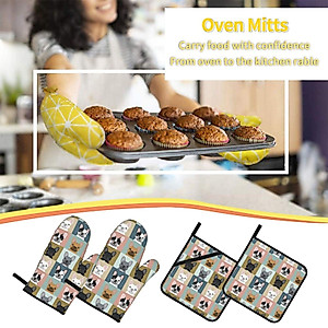 Msacrh French Bulldogs Oven Mitts and Pot Holders Sets of 4, Cotton Lining with Non-Slip Hot Pads,Heat Resistant Oven Gloves for Kitchen Cooking Baking Grilling