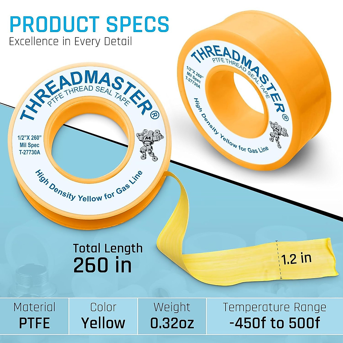 TAPEWELL Yellow Gas Pipe Thread Sealant Tape - Pack of 1-260" Length 1/2" Width Thread Seal Tape - for Propane, Natural Gas, and More