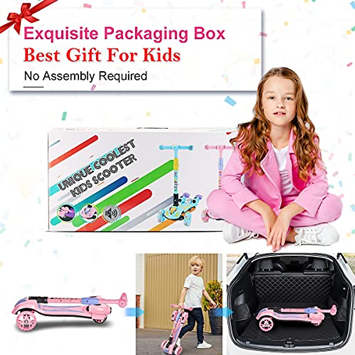 3 Wheel Scooter for Kids, Toddler Scooter with Bluetooth Music Speaker Steam Sprayer LED Lights Aluminum Alloy T-Bar, Folding 3 Wheel Scooter for Boys Girls Ages 3-10 (Pink)