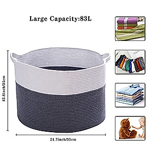 Extra Large Storage Basket, Woven Cotton Rope Blanket Basket for Nursery and Home, Fabric Laundry Basket with Handles for Living Room, Laundry Room, Kids Room and Bedroom, White and Gray