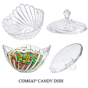 ComSaf Large Glass Candy Dish with Lid, Clear Covered Candy Bowl, Crystal Candy Jar for Home Kitchen Office Table,Birthday Gift, Set of 1