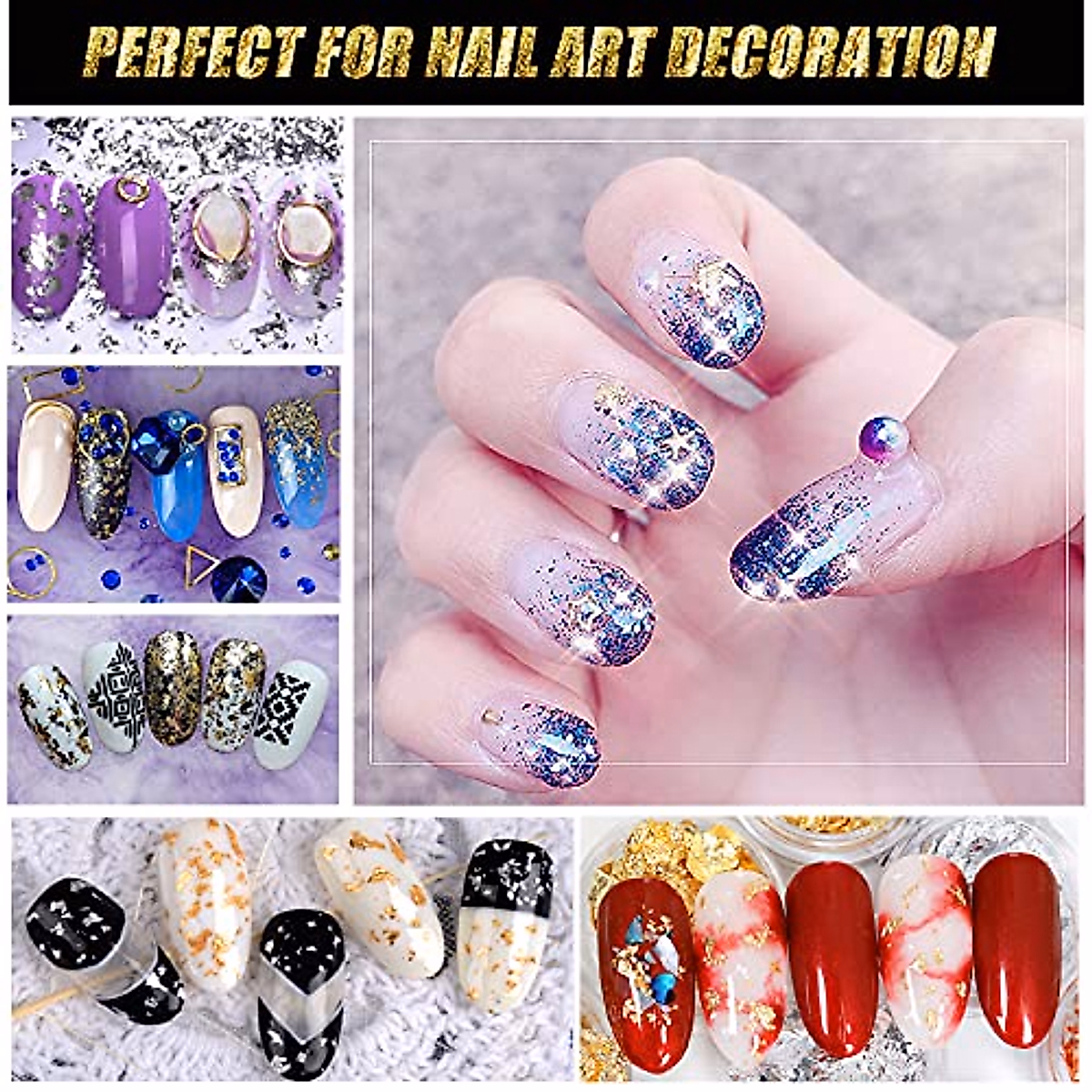 Gold Foil Flakes for Resin, 6 Bottles Gilding Flakes Metallic Foil Flakes with Tweezers for Nails,Painting,Crafts,Slime (Gold,Silver,Copper,Red,Blue,Purple Colors)
