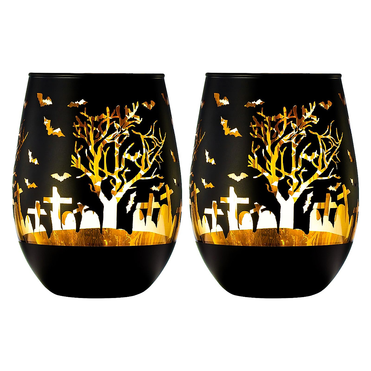 The Wine Savant Crystal Stemless Spooky Wine Glasses - Set of 2 - Themed Vibrant Black & Gold Spooky Ghost Pattern Frosted Glass, Themed Gothic Parties, Graveyard Black Gifts (16 OZ)