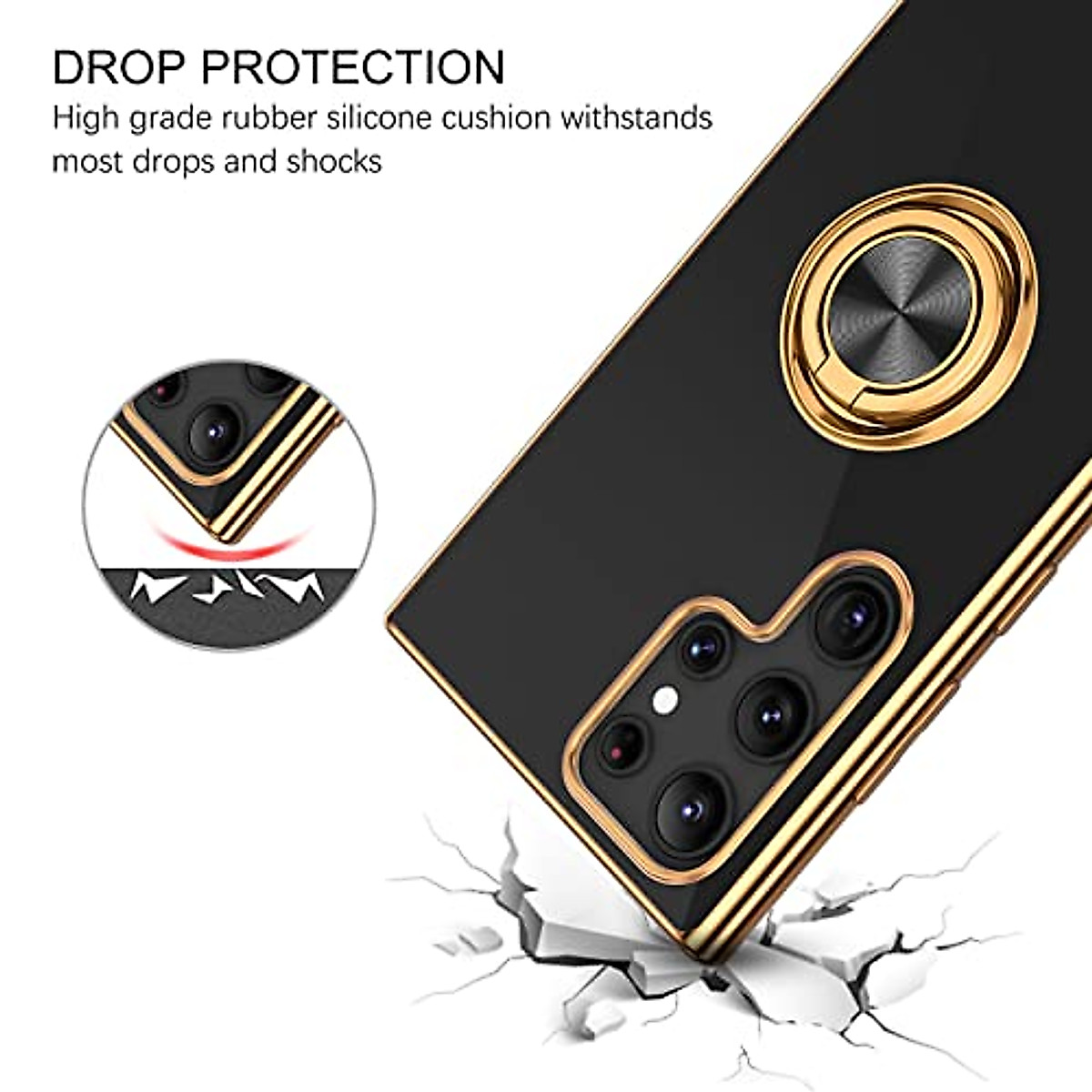 BENTOBEN Samsung S22 Ultra Case, 360° Ring Holder Kickstand Support Car Mount Elegant Plating Edge Slim Shockproof Soft TPU Protective Phone Cover for Samsung Galaxy S22 Ultra 6.8" 2022, Black/Gold