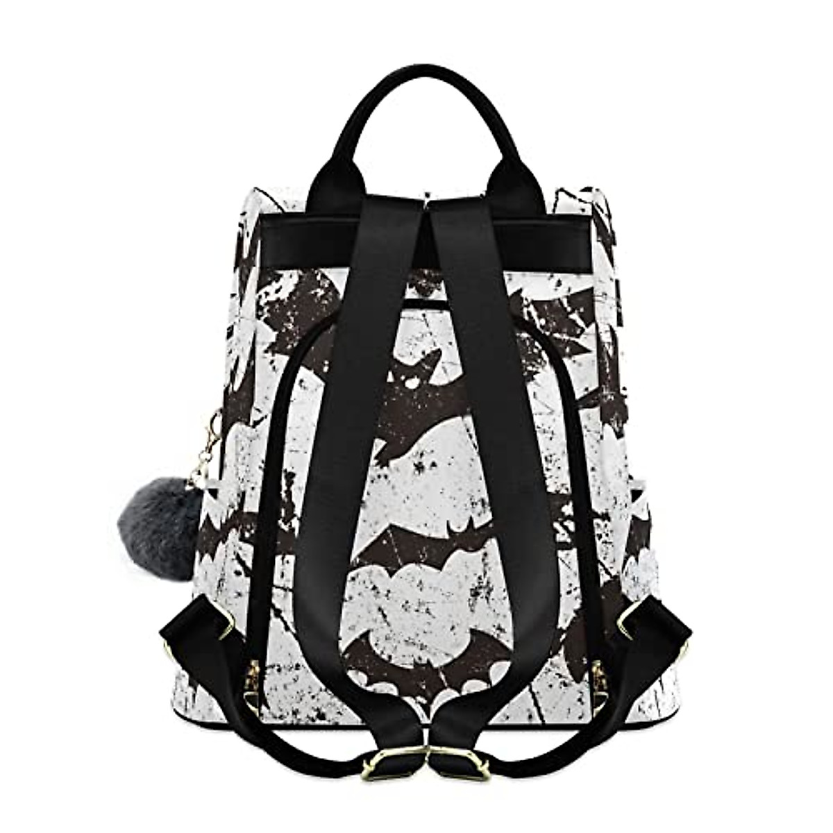 Vintage Bats Print Casual Backpack for Women, Fashion Anti Theft School Travel Backpack Purse 15 inch Full print Aesthetic with Fuzz Ball Key Chain Black
