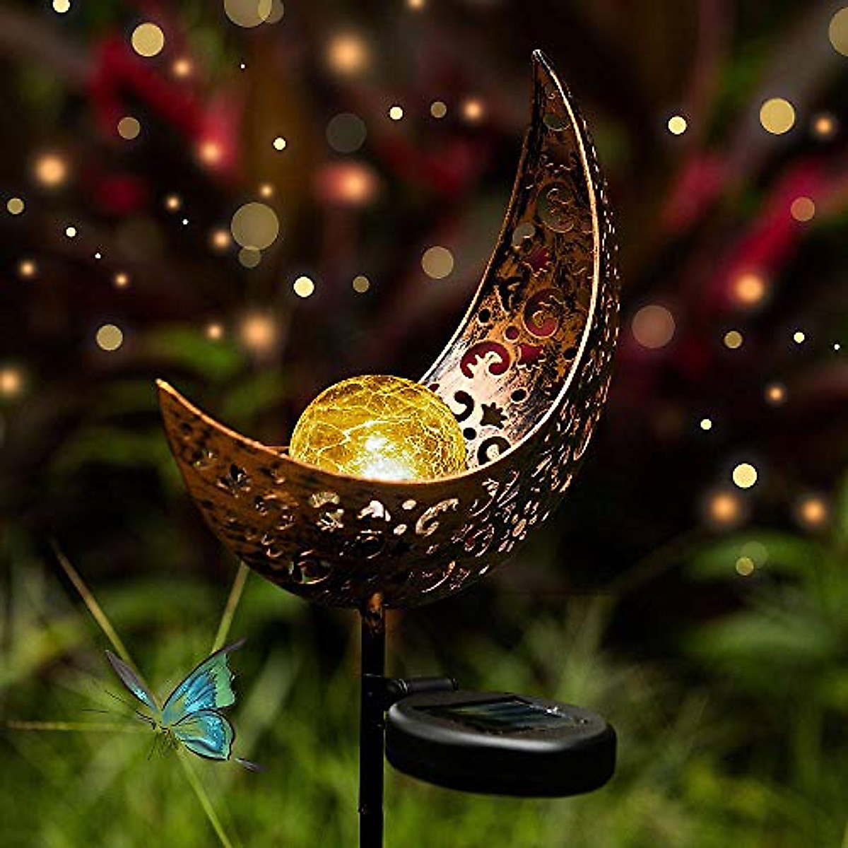 EOYIZW Garden Decor, 32" (2 Pack) Garden Solar Lights Outdoor Decor, Crystal Glass Globe Metal Moon Stake Light, Yard Art Decorations Ornaments Light Warm White LED for Lawn, Patio, Pathway