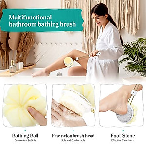3 in 1 Bath Body Brush - Long Handle Back Scrubber for Shower, Double Side Shower Brush with Pumice Stone, Bristles and Loofah, Exfoliating Body Brush Set for Men and Women Exfoliate Massage