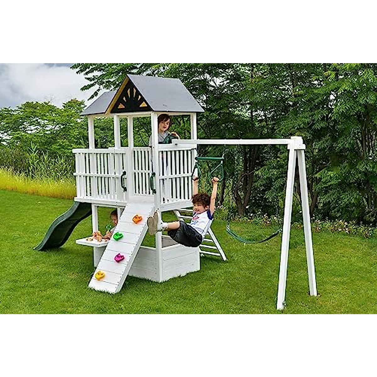 Avenlur Craftsman Modern Swing Set - Outdoor Backyard Swing: Montessori Waldorf Style Slide, Clubhouse, Fort, Gymnastic Bar, Rock Climb Wall, and More for Kids' Imaginative Play - ASTM Cert. - 3-11yr