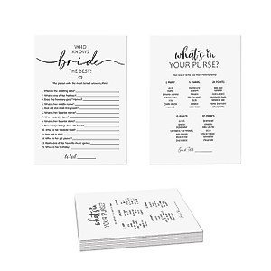 2 Bridal Shower Games, What's in Your Purse Game & Who Knows Bride Best -Set of 30, Double Sided Printed Minimalist Bridal Shower Cards, Wedding Party Game Cards for Guests, Bridal Shower Ideas-HLYX07