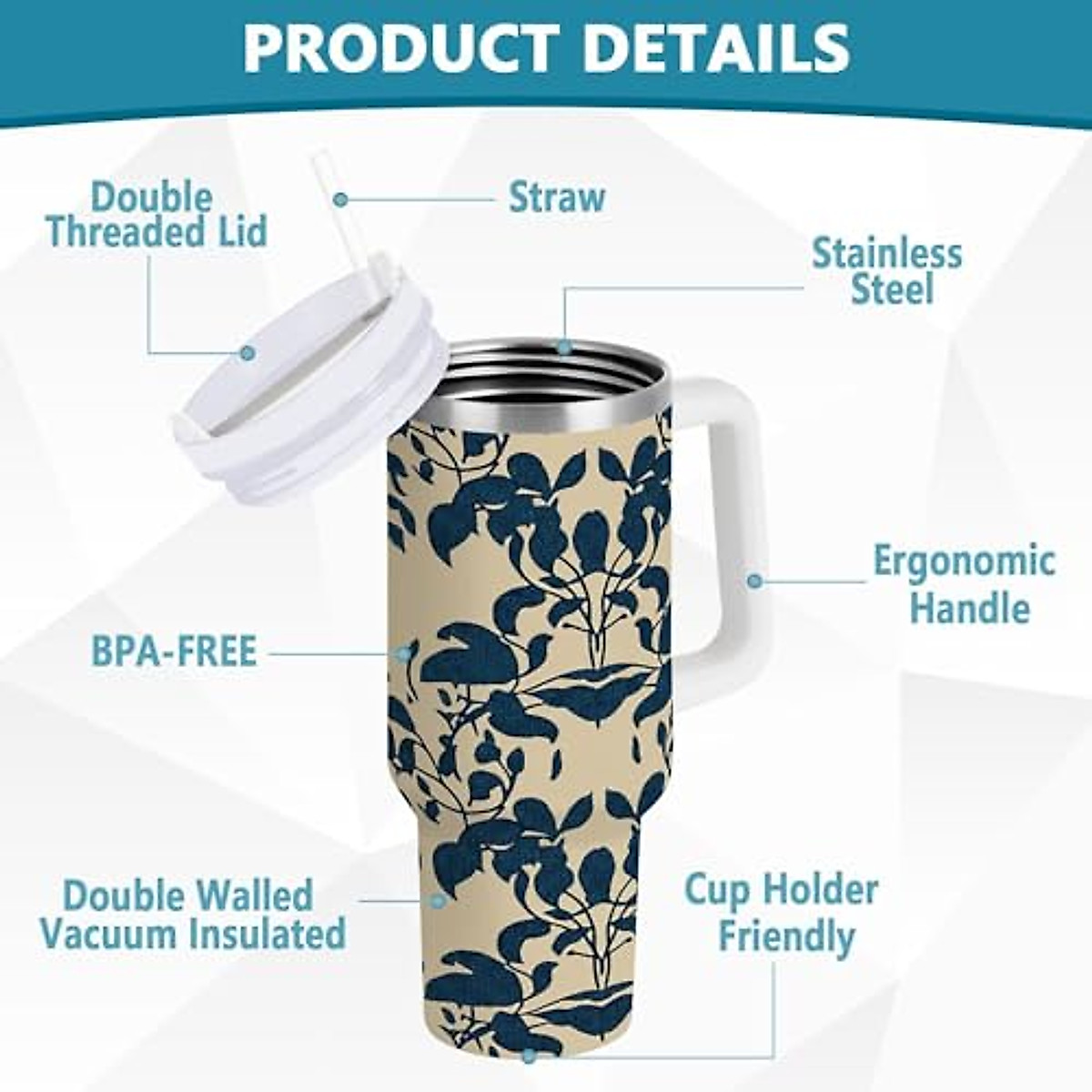 RPLIFE Blue Leaf Beige 40oz Tumbler with Handle, Stainless Steel Tumbler with Straw, Tumblers for Women
