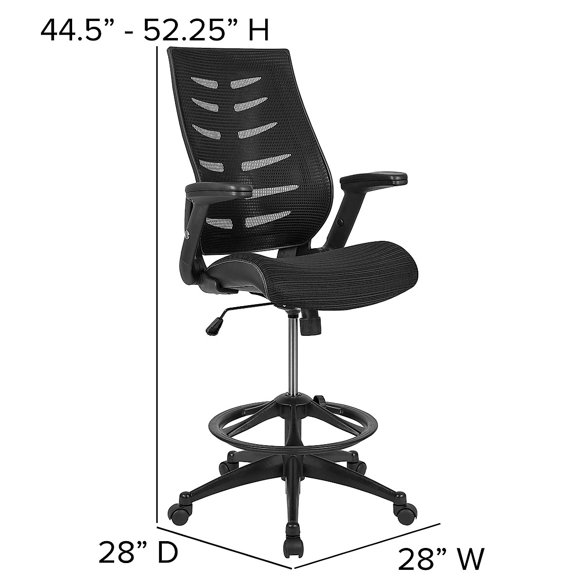 Flash Furniture High Back Black Mesh Spine-Back Ergonomic Drafting Chair with Adjustable Foot Ring and Adjustable Flip-Up Arms