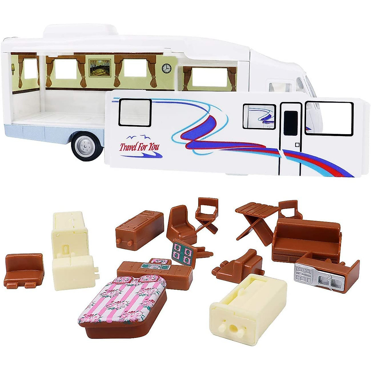 HAPTIME Cool Mini Motorhome Toy Die-cast Car Pullback Recreational Vehicle Pull Back RV with DIY Furnitures Holiday Camper Van Model for Kids Children Gift 7.6 inch (White)