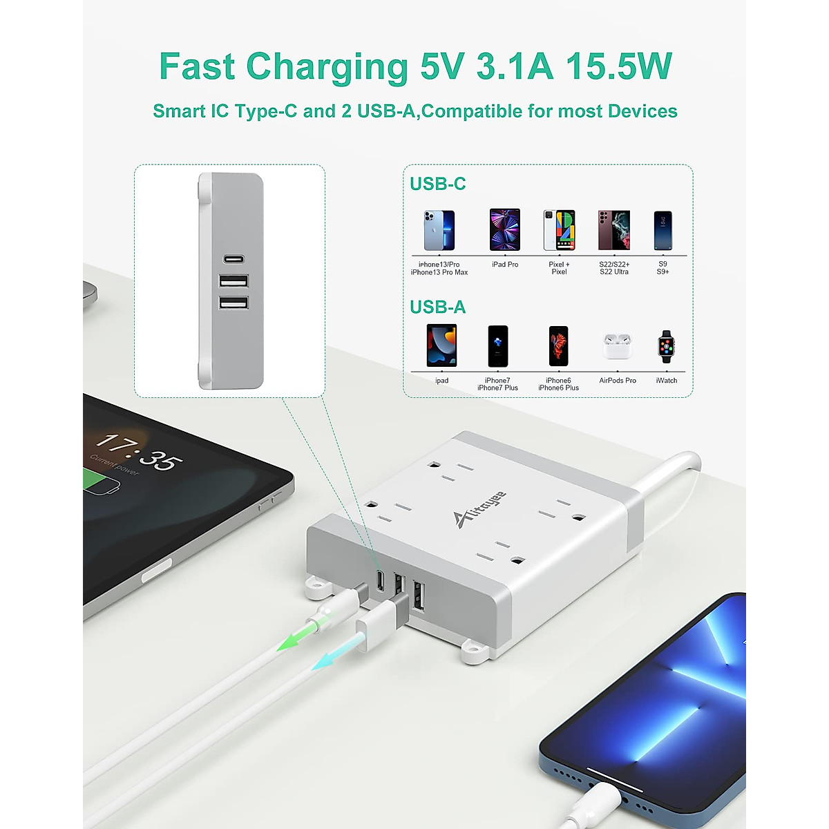 Alitayee Mountable Surge Protector Power Strip, Wall Mount Power Strip with 4 Outlets and 3 USB, Flat Plug, Shutter Safety and Circuit Breaker Switch, 6 Ft Extension Cord for College Home Office Dorm