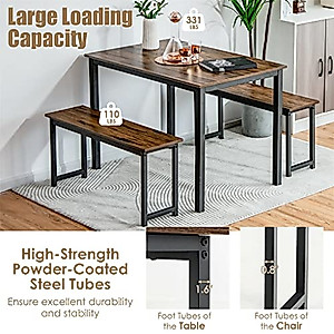 YEBDD 3 Piece Dining Table Bench Set with Wooden Top and Metal Frame Furniture Set