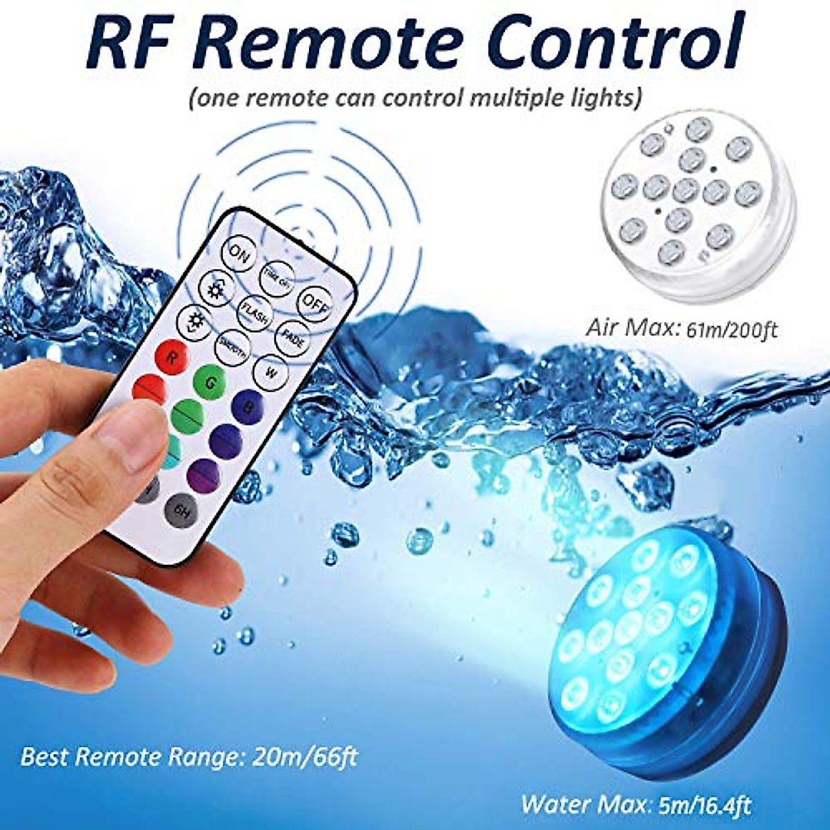 TUDELLO RF Remote Submersible LED Lights with Magnet and Suction Cups, IP68 Waterproof, Underwater Timing with Pool Light, 3.35 Inch (4 Pack)