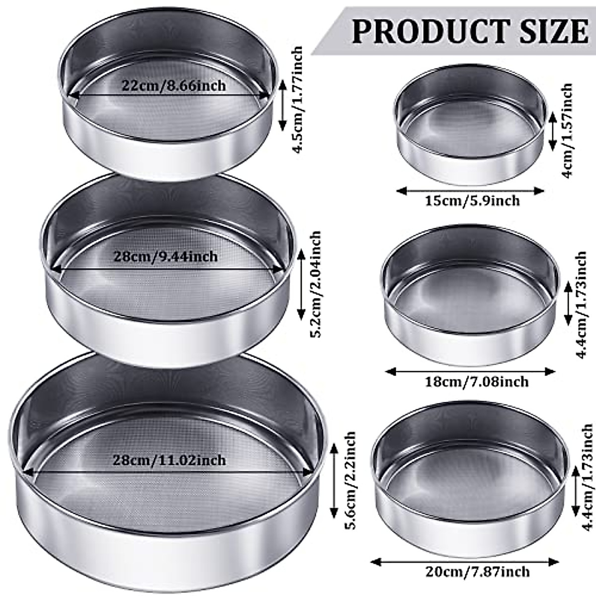 6 Pieces Stainless Steel Round Sifter 40 Mesh Sieve Fine Mesh Round Flour Sieve for Bake Decorate Cakes, Pies, Pastries, Cupcakes