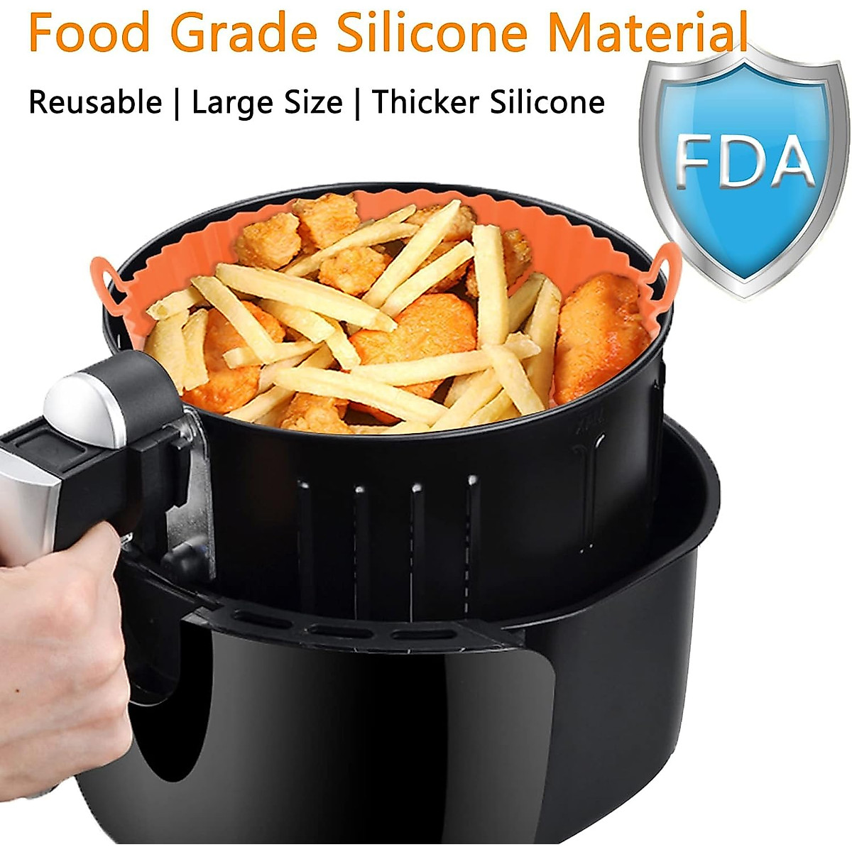 Large 8 Inch 2 Pack Air Fryer Silicone Liners Pot, Round Silicone Air Fryer Basket Baking Tray, Apply to 3.2-6.5 QT Airfryer, Reusable Cooking Oven Insert Accessories(Orange and Gray)