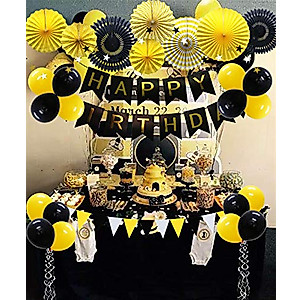 ADLKGG Yellow Black Party Birthday Decoration, Happy Birthday Banner with Balloons, Triangular Pennants, Hanging Swirls, Paper Fans, Circle Star Paper Garland for Baby Shower Bumble Bee Theme Birthday