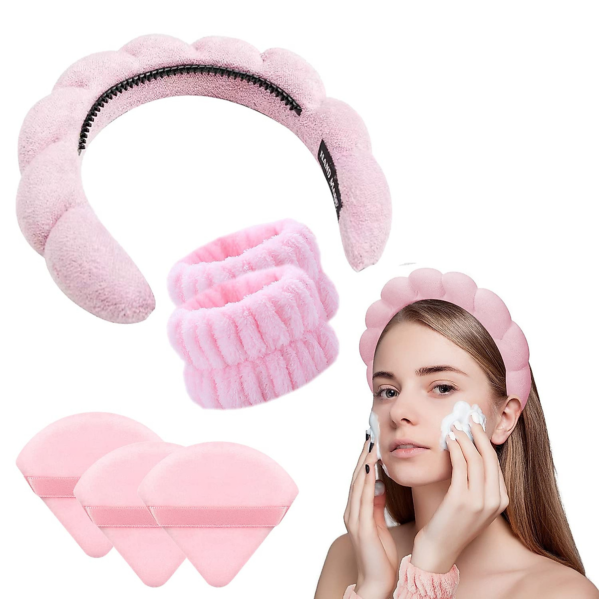 VNIHTT Bubble Makeup Headband for Washing Face Cute Pink Towel Sponge Spa Skincare Headbands Soft Fluffy Hairband for Women Girls with Wrist Towels for Wash Face and Make Up Powder Puff