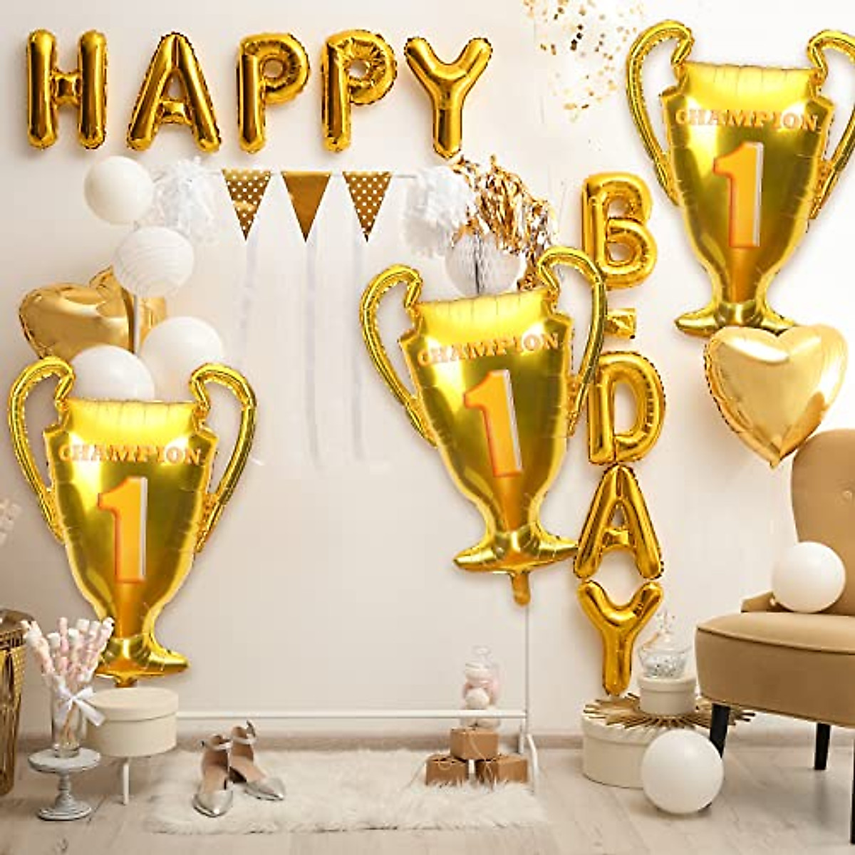 6 Packs Gold Champion Foil Balloons Championship Mylar Trophy Balloon The First Prize Sport Balloons Basketball Soccer Football Anniversary Birthday Games Party Decorations