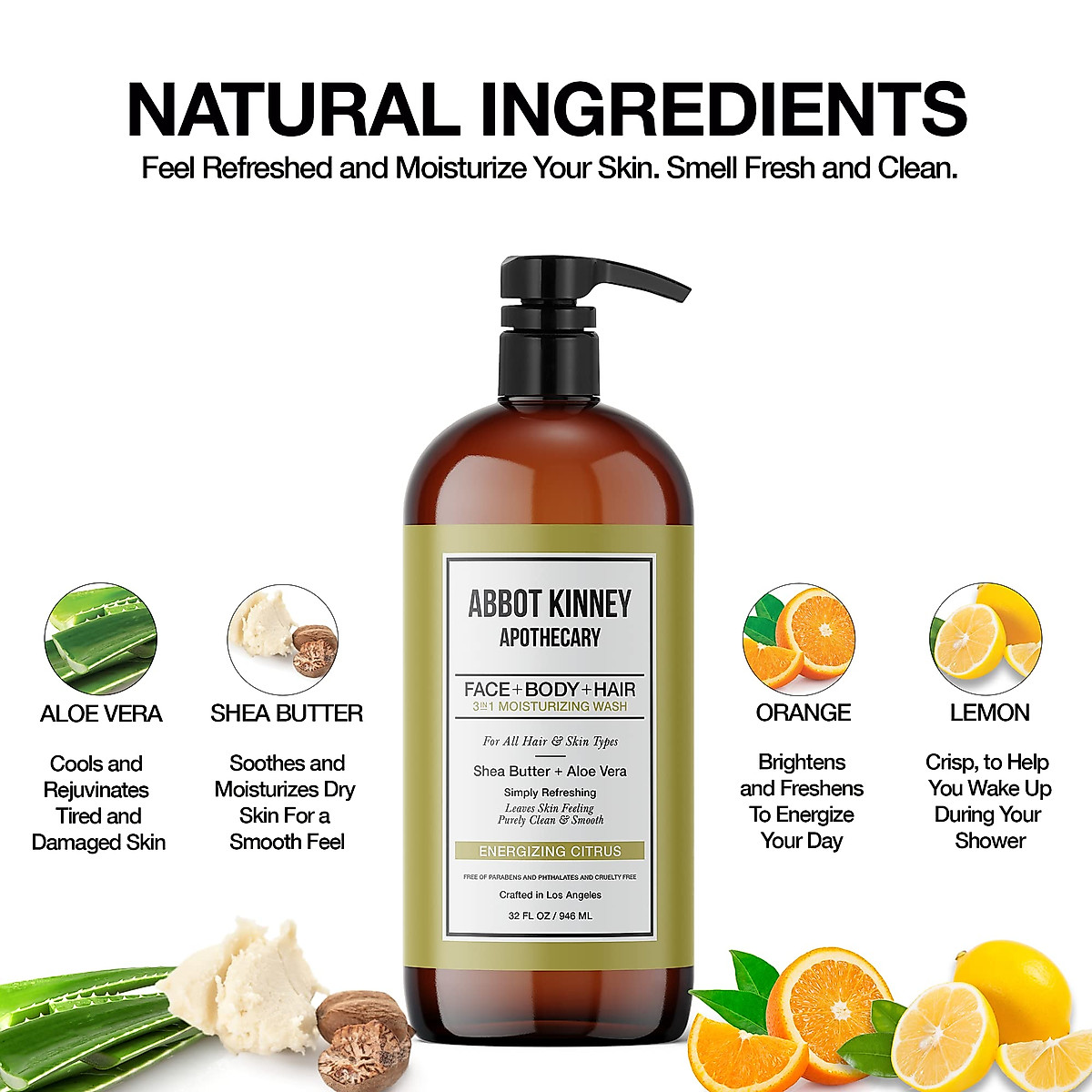 Men's 3-in-1 Wash, Moisturizing Shampoo, Conditioner, and Body Wash for Men, Suitable for All Skin and Hair Types, 32oz - Abbot Kinney Apothecary (Energizing Citrus)