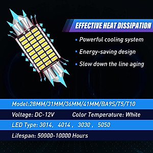 Tallew 42 Pieces Interior Car LED Dome Light 28 mm 31 mm 36 mm 41 mm BA9S T5 T10 Bulb Kit LED Dome Light for Car Interiors Map Dome Trunk Cargo Door Courtesy License Plate(White)