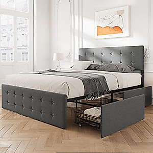 IDEALHOUSE Full Bed with Storage Drawers, Upholstered Platform Bed Frame with Headboard and Wooden Slats, Fully Upholstered Mattress Foundation, No Box Spring Needed