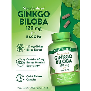 Nature's Truth Ginkgo Biloba 120mg | Plus Bacopa | 200 Quick Release Capsules | Standardized Extract | Non-GMO and Gluten Free Supplement