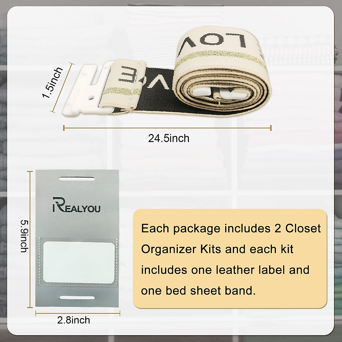 SMILIE Bed Sheet Organizer, Closet Storage Band Organizer, Elastic Bands for Tidying Bed Sheet, Closet Organizer Band with Jacquard & a Label, Each Order Contains 2 Bands, 23.62Lx1.57W