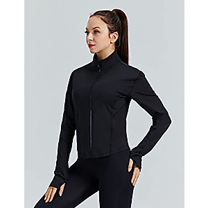 SEDOCU Women Workout Running Track Jacket Full Zip up Slim Fit Yoga Sports Athletic Jacket with Thumb Holes Black
