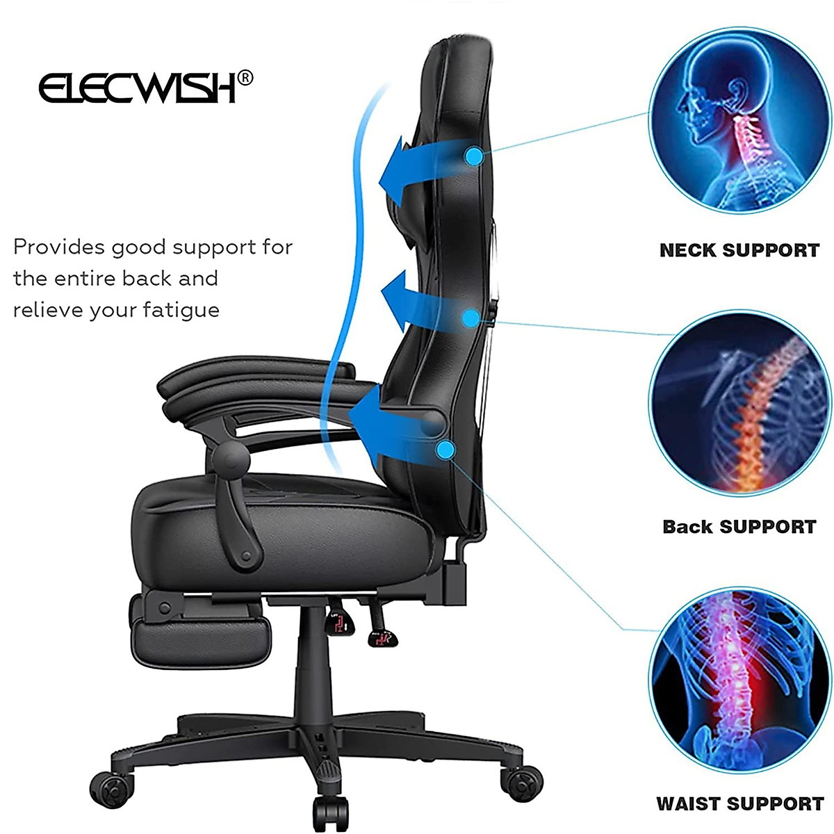 ELECWISH Gaming Chair, Reclining Computer Chair with Footrest and Lumbar Support, High Back Ergonomic Gamer Chair for Adults, Gaming Desk Chair with Headrest PU Leather