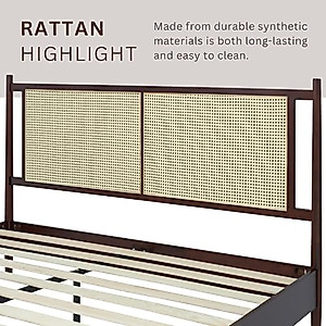 Bme Oliver King Bed Frame and Headboard - 15-Inch Signature Design with Rattan Headboard, Bohemian and Mid Century Style, 12-Slat Wood Support, No Box Spring Needed - Easy Assembly, Walnut