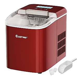 COSTWAY Countertop Ice Maker, 26LBS/24H with Self-Clean Function, LCD Display, 9 Bullet Ice / 7 Mins, Portable and Compact Ice Machine with Ice Scoop, for Homes, Offices, Restaurants, Bars, Red