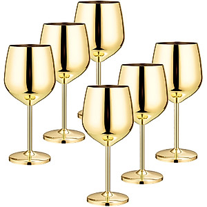 Set of 6 18 oz Stemmed Stainless Steel Wine Glass Unbreakable Wine Glasses Drinking Glasses Wine Goblet Metallic Goblets for Outdoor Events Party Beach Pool Travel Wedding Anniversary (Gold)