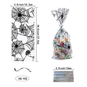 FAZHBARY 100 PCS Halloween Cellophane Bags Black Spider Halloween Goodie Bags Candy Spider Web Treat Bag Cello Bags Gift Bags for Party Wrapping Supplies
