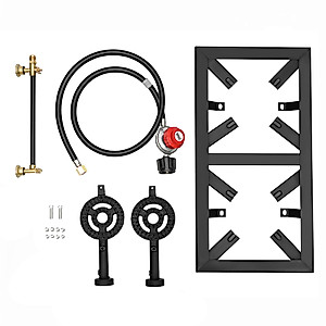 Portable Double Burner Outdoor Gas Stove Cast Iron Propane Cooker with Adjustable 0-10Psi Regulator Hose for Patio Camping, BBQ, Home Brewing,Tailgating, Hiking, Maple Syrup Prep