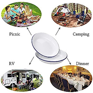 Webake 9.5 Inch Enamel Plates, 2 Pack Salad Pasta Bowls Enamelware Dinner Plates White Body with Blue Rim, Serving Trays for Dinner, Outdoor, Picnic, BBQ, Butter