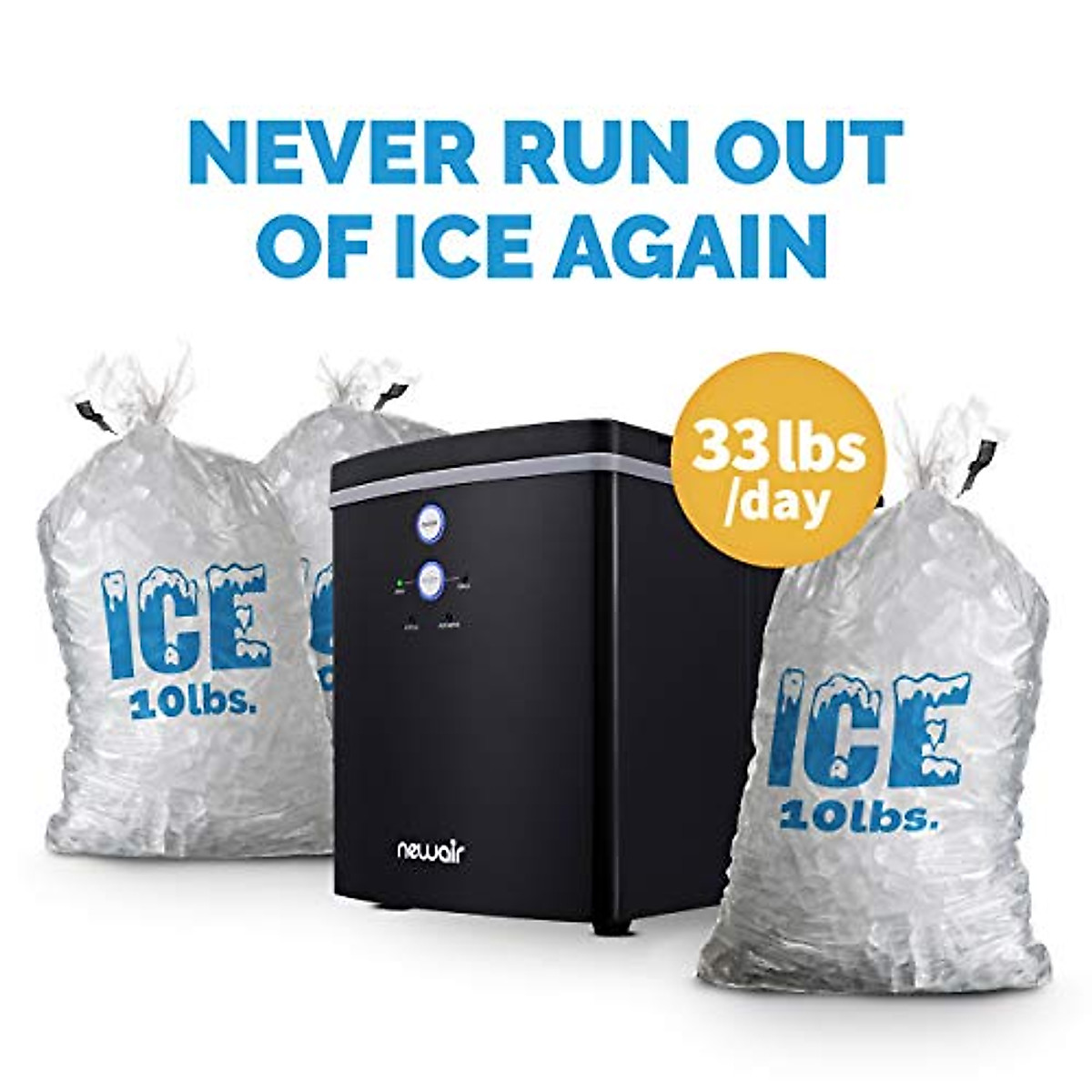 NewAir Black Portable Ice Maker | First Batch In Under 10 Minutes And 33 lb Daily | 2 Ice Size Bullets Daily, Perfect Machine For Kitchen Countertops, and RV NIM033BK00