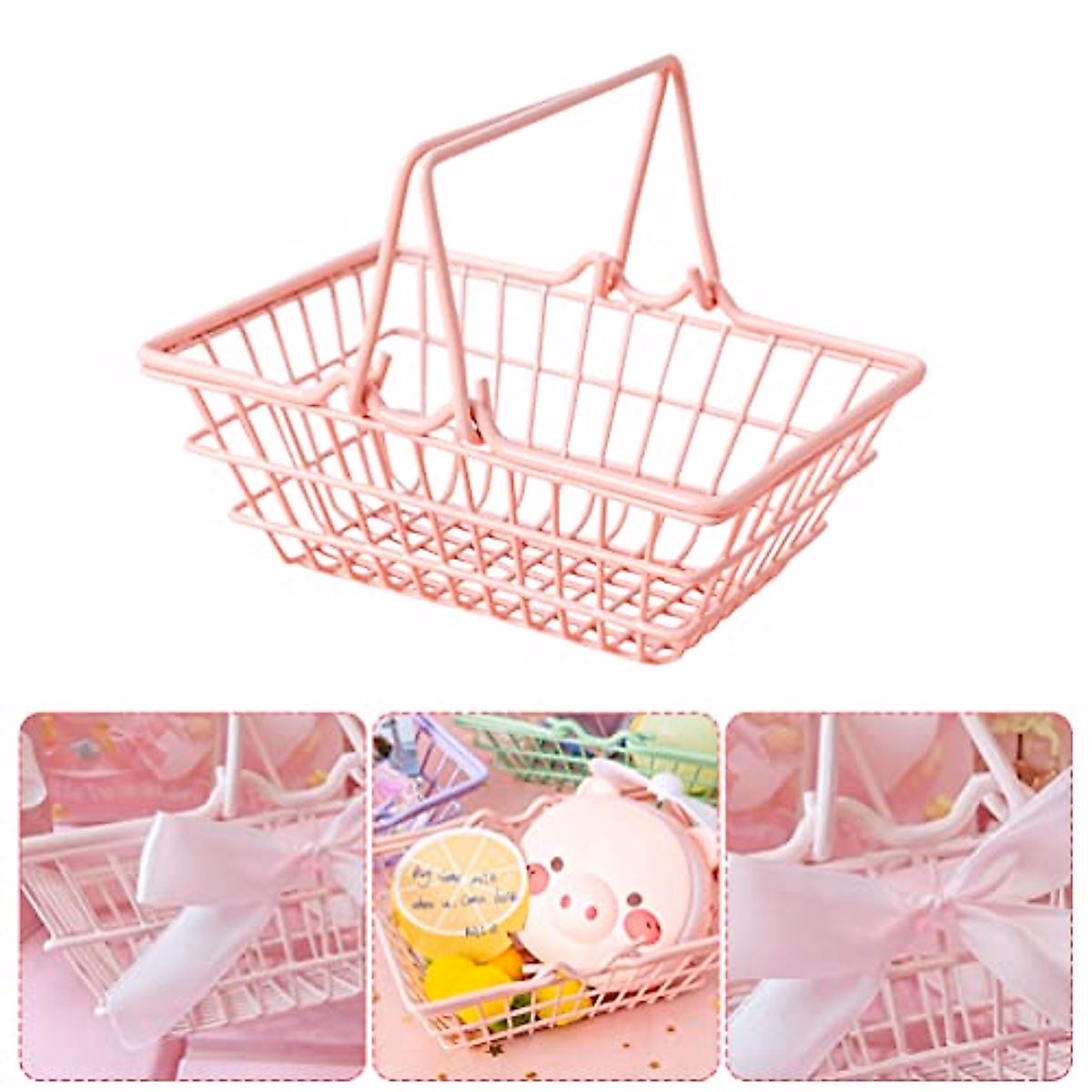 Toddmomy Mini Shopping Basket Metal Wire Storage Basket with Handles for Mini House Furniture Decoration Kids Party Favors